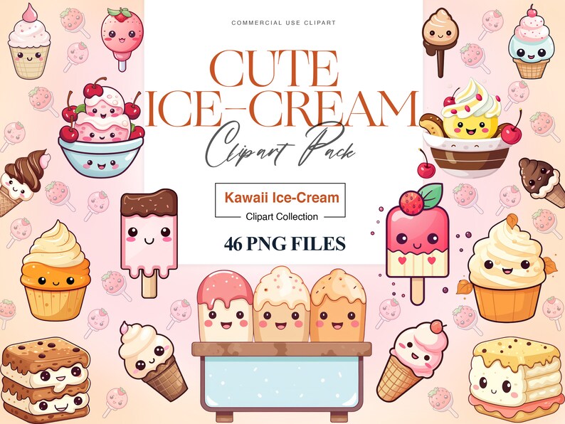 Cute Ice Cream Clipart, Strawberry Ice Cream, Kawaii, Happy Ice Cream ...