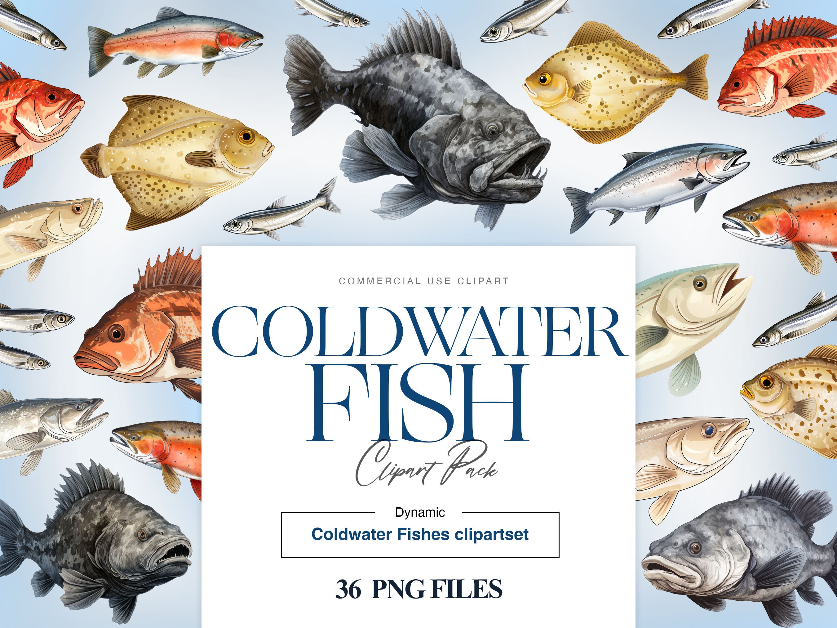 Salt Water Fish Clipart, Salmon, Cod Fish PNG, Watercolor Fish Download ...