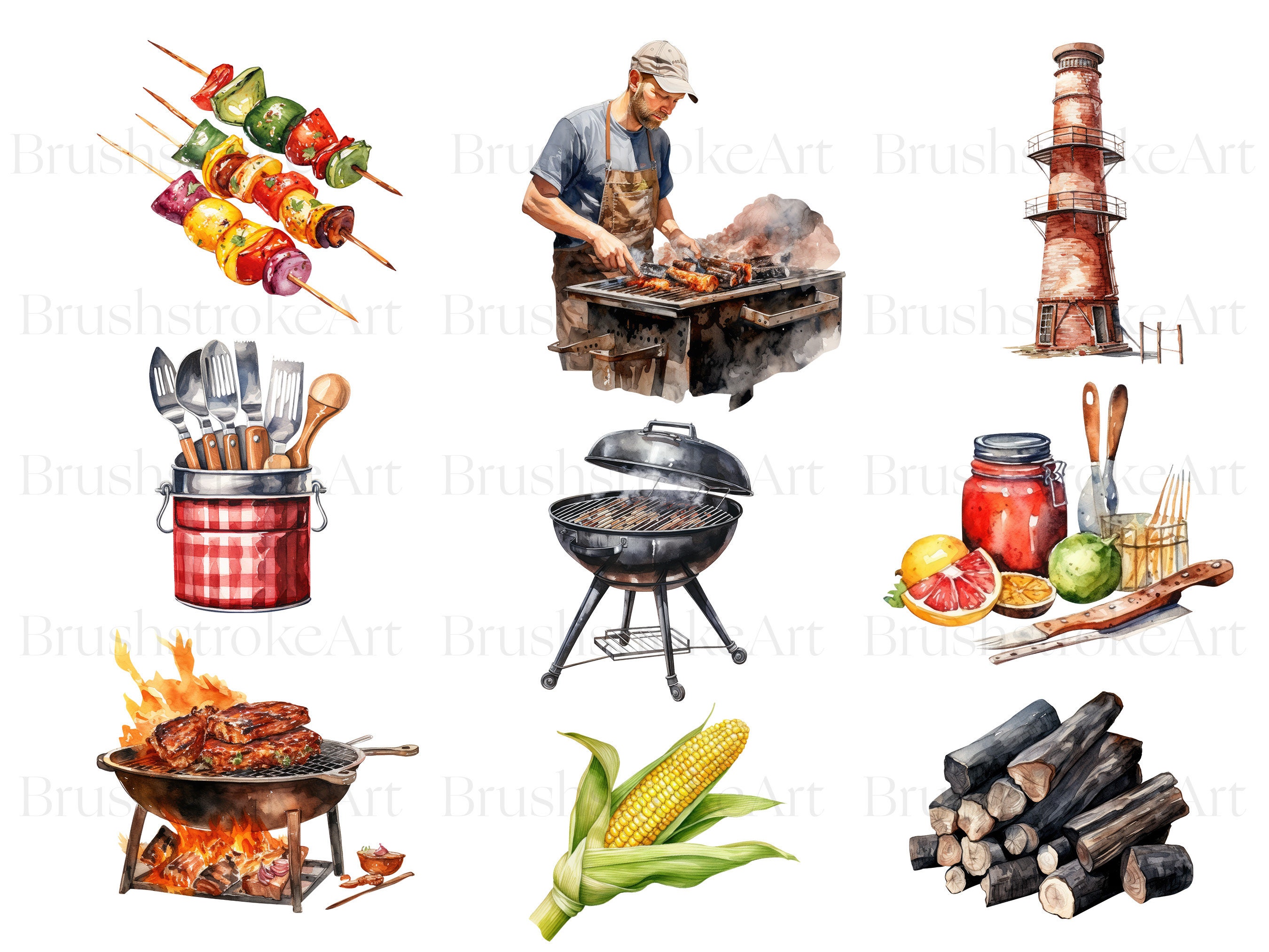 Grill Clipart Pack, Watercolor Barbecue Party, Summer Picnic, Food ...