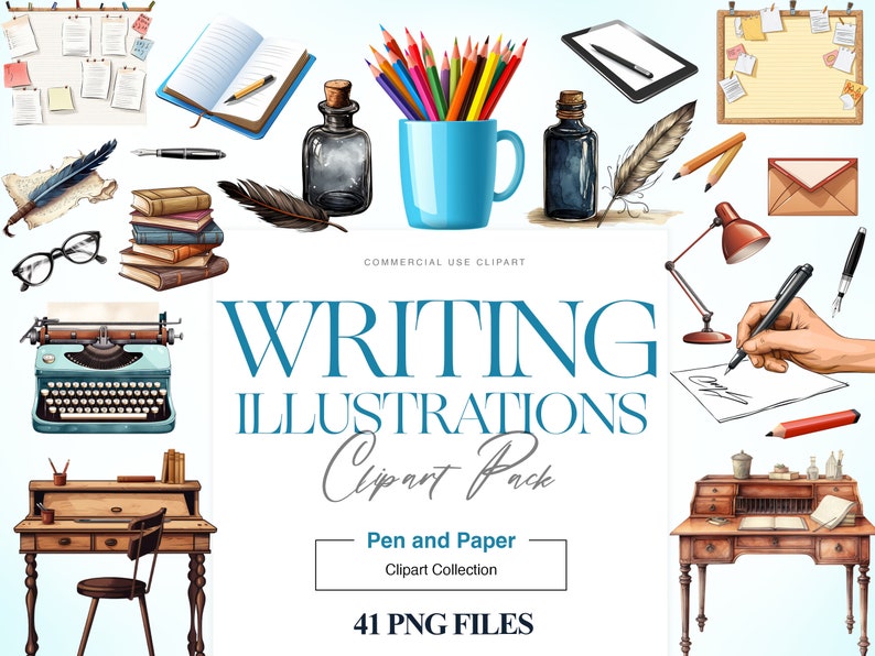 Watercolor Writer Clipart, Office Desk Art, Feather Pen, Stack of Books ...