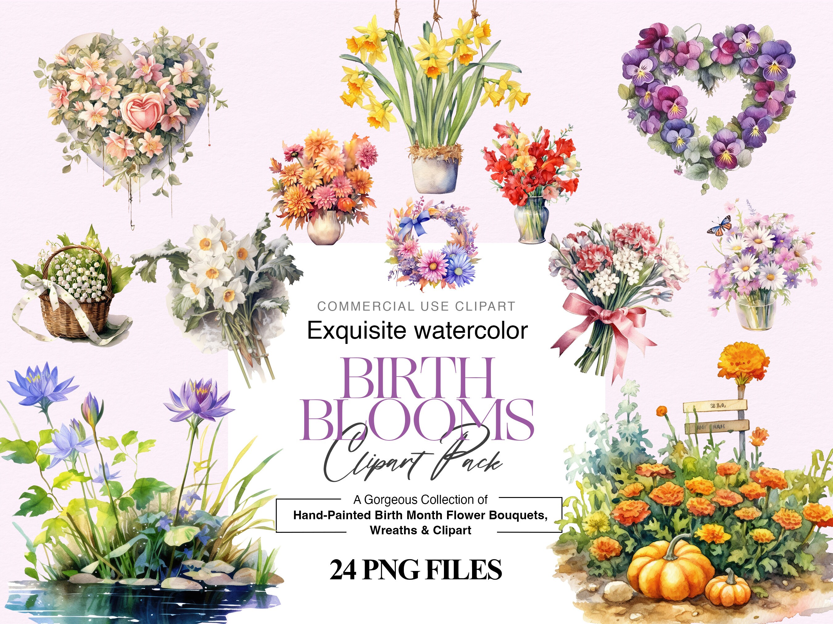 Watercolor Birth Flower Clipart, Birthday Flower Art, Mother's Day Gift ...