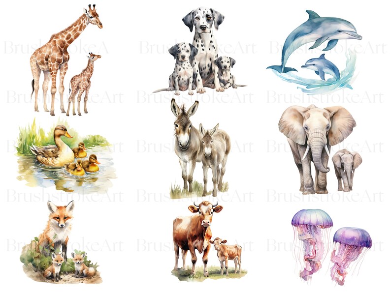 Watercolor Mom and Baby Animals Clipart, Mother's Day Animals, Baby ...