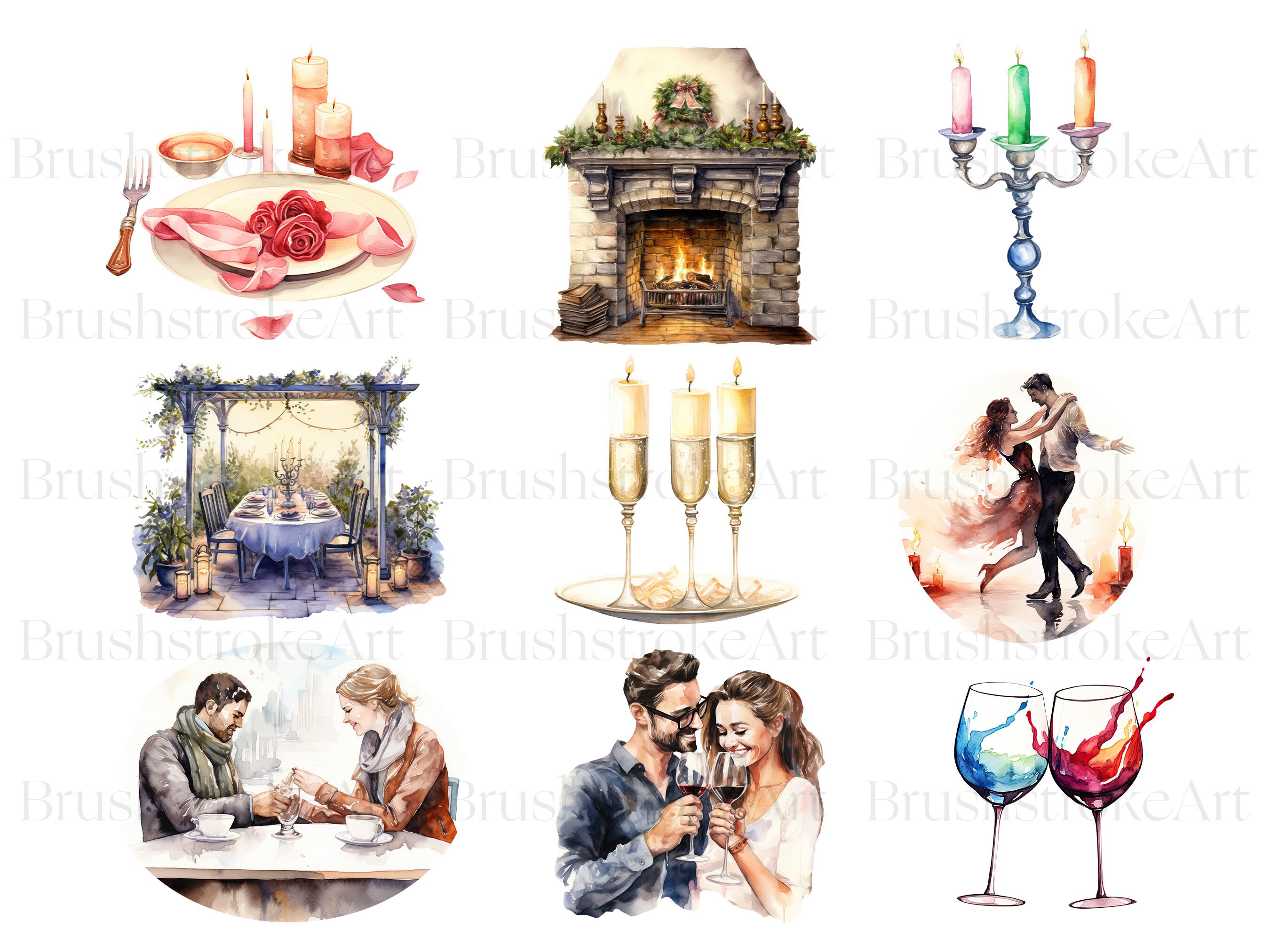 Watercolor Romantic Dinner Clipart, Candle Light Dinner, Table Floral ...