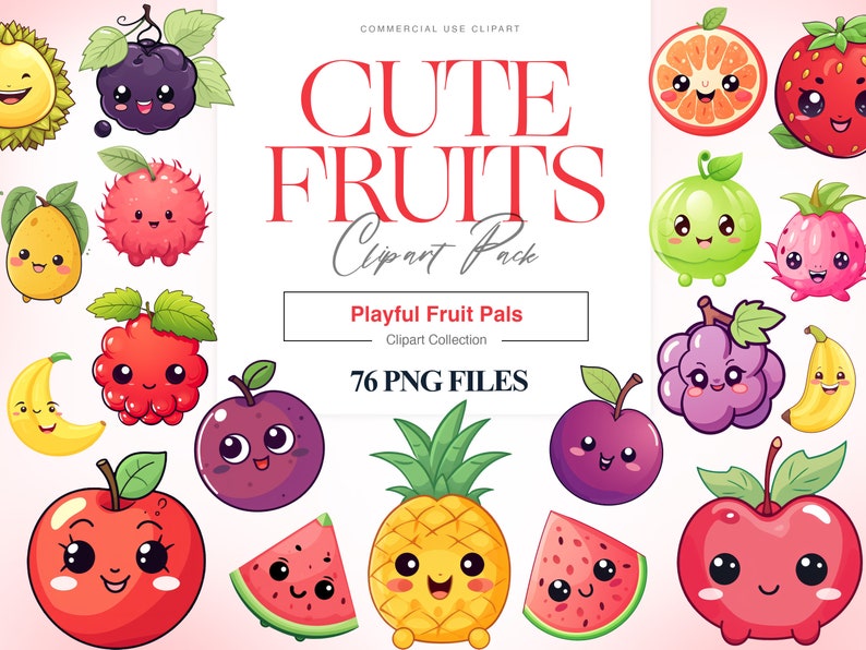 Cute Fruit Clipart, Happy Fruits, Pineapple Clipart, Red Apple, Smiling ...