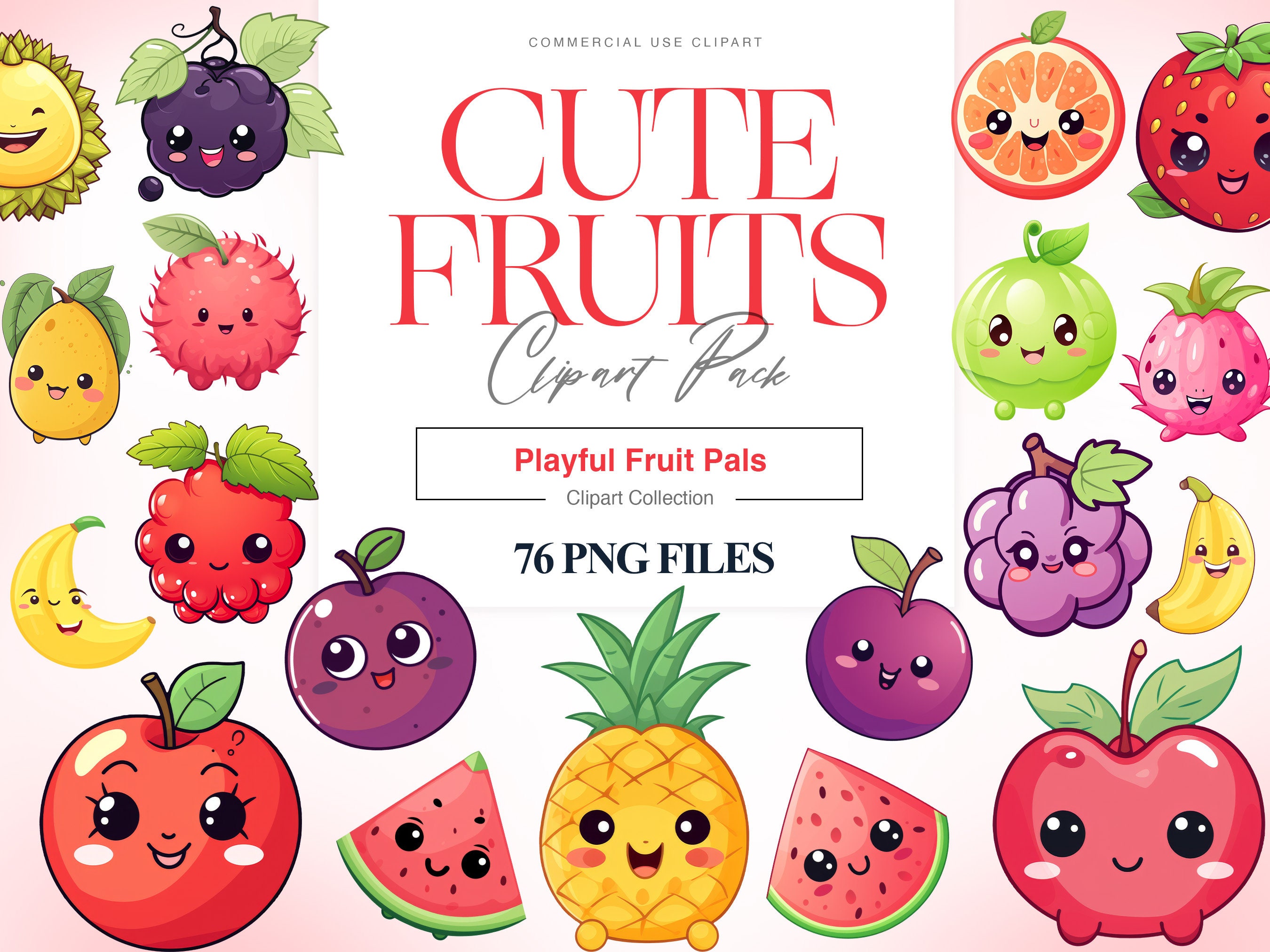 Cute Fruit Clipart, Happy Fruits, Pineapple Clipart, Red Apple, Smiling ...