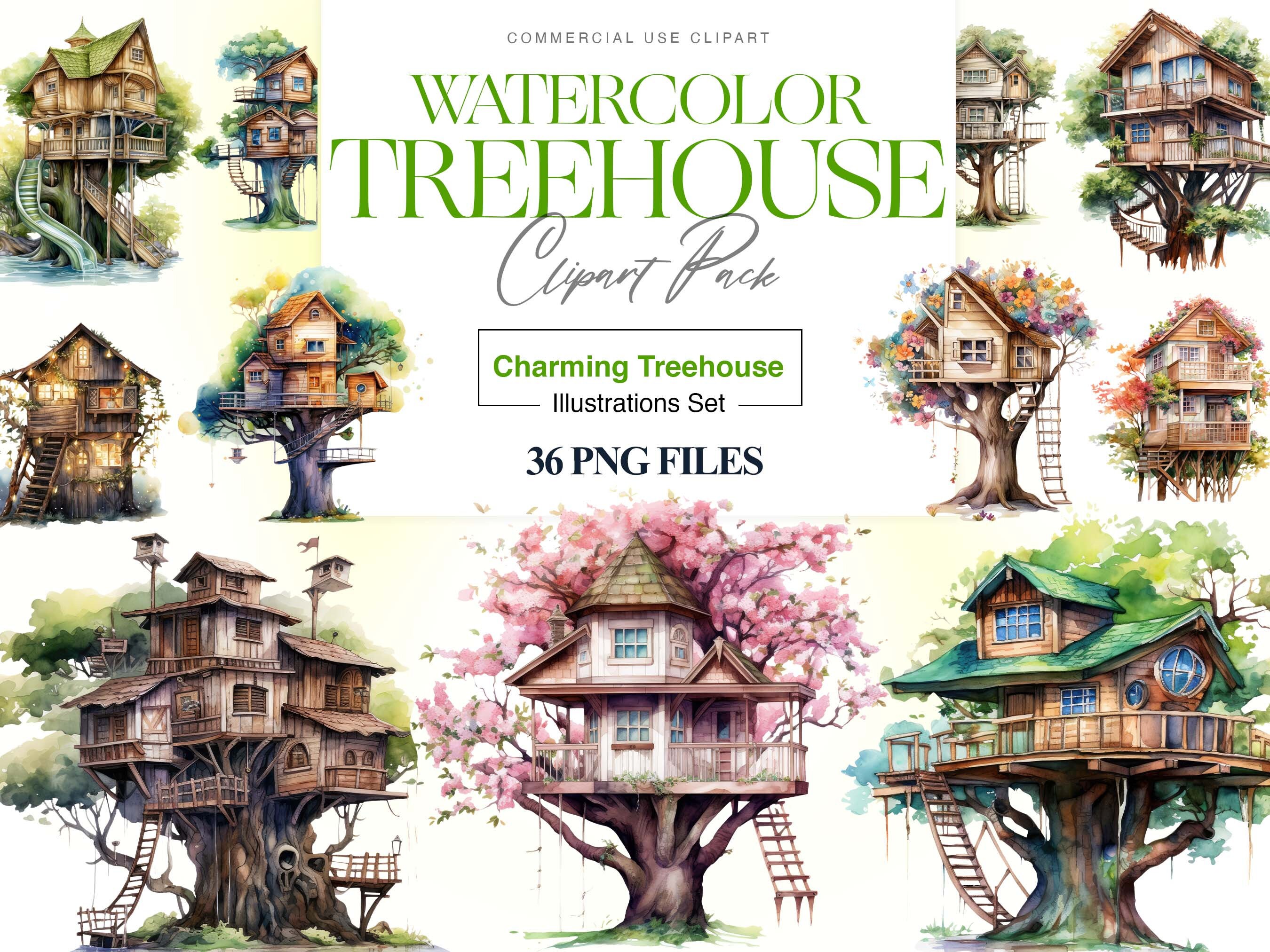 Watercolor Treehouse Clipart, Cute Treehouses, Garden House, Woodland ...