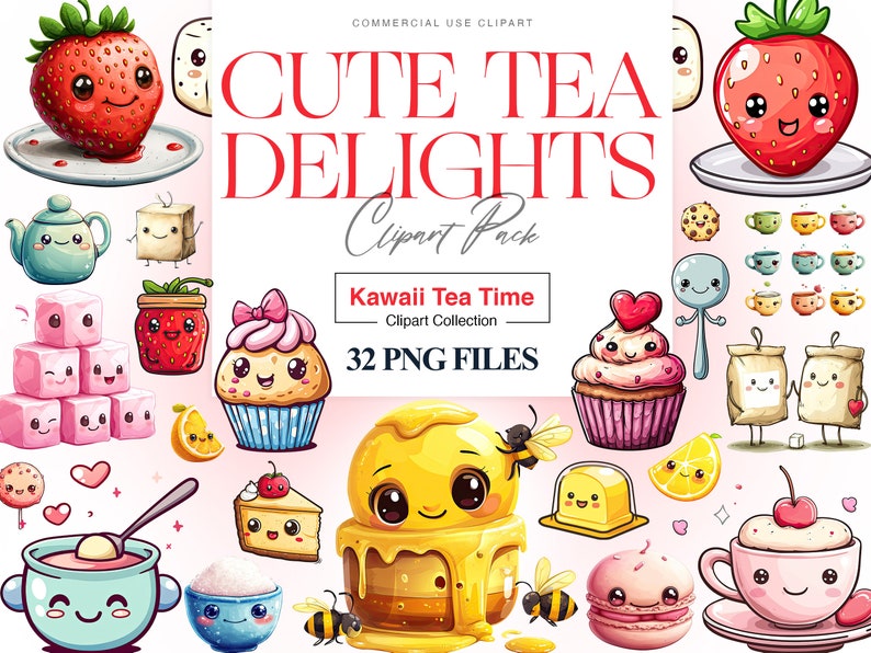 Watercolor Kawaii Tea Clipart, Teapot, Sugar Cubes, Kawaii Cupcake ...