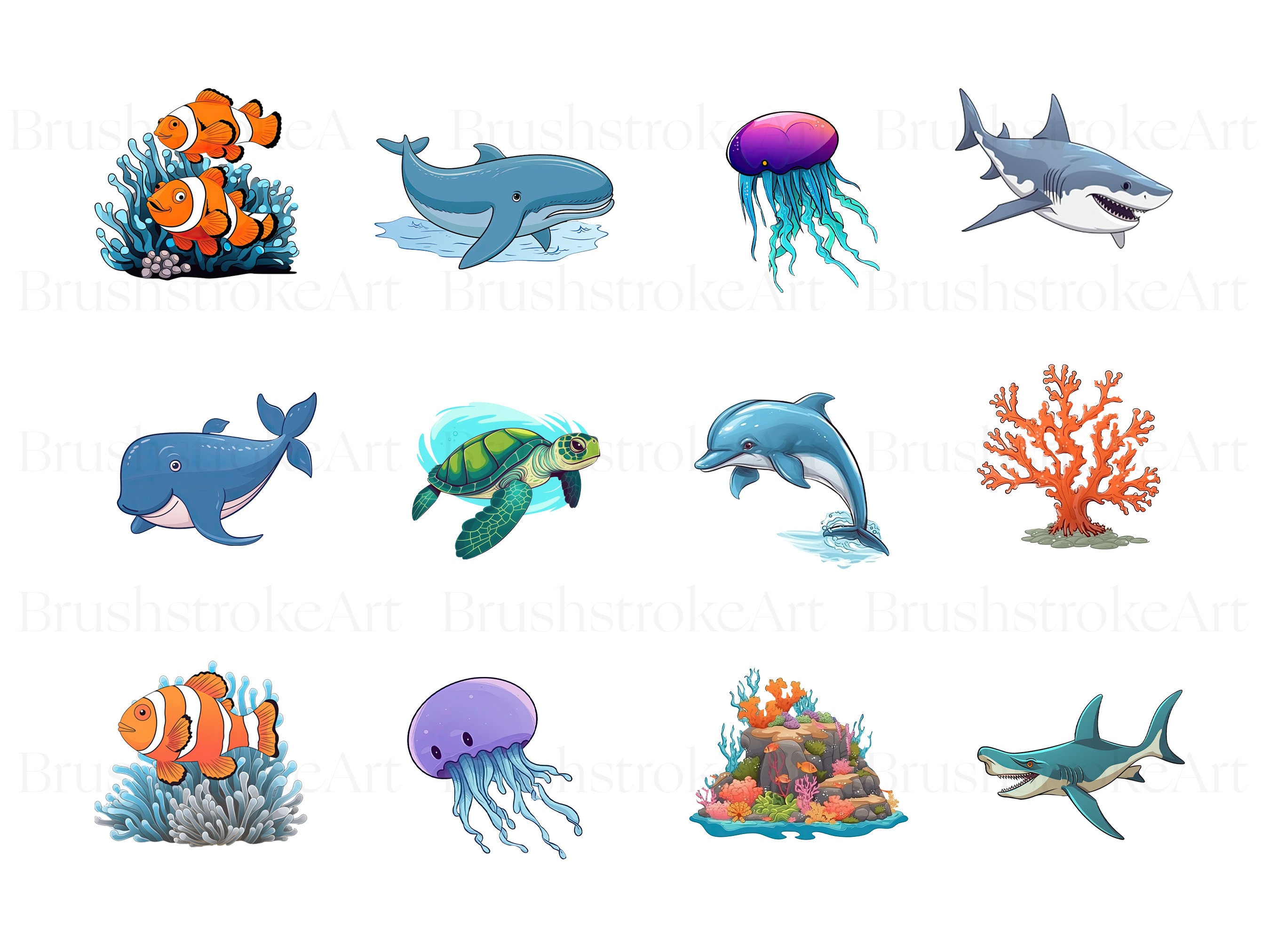 Underwater Animals Clipart Cartoon Style PNG Graphics of Sea Life for ...