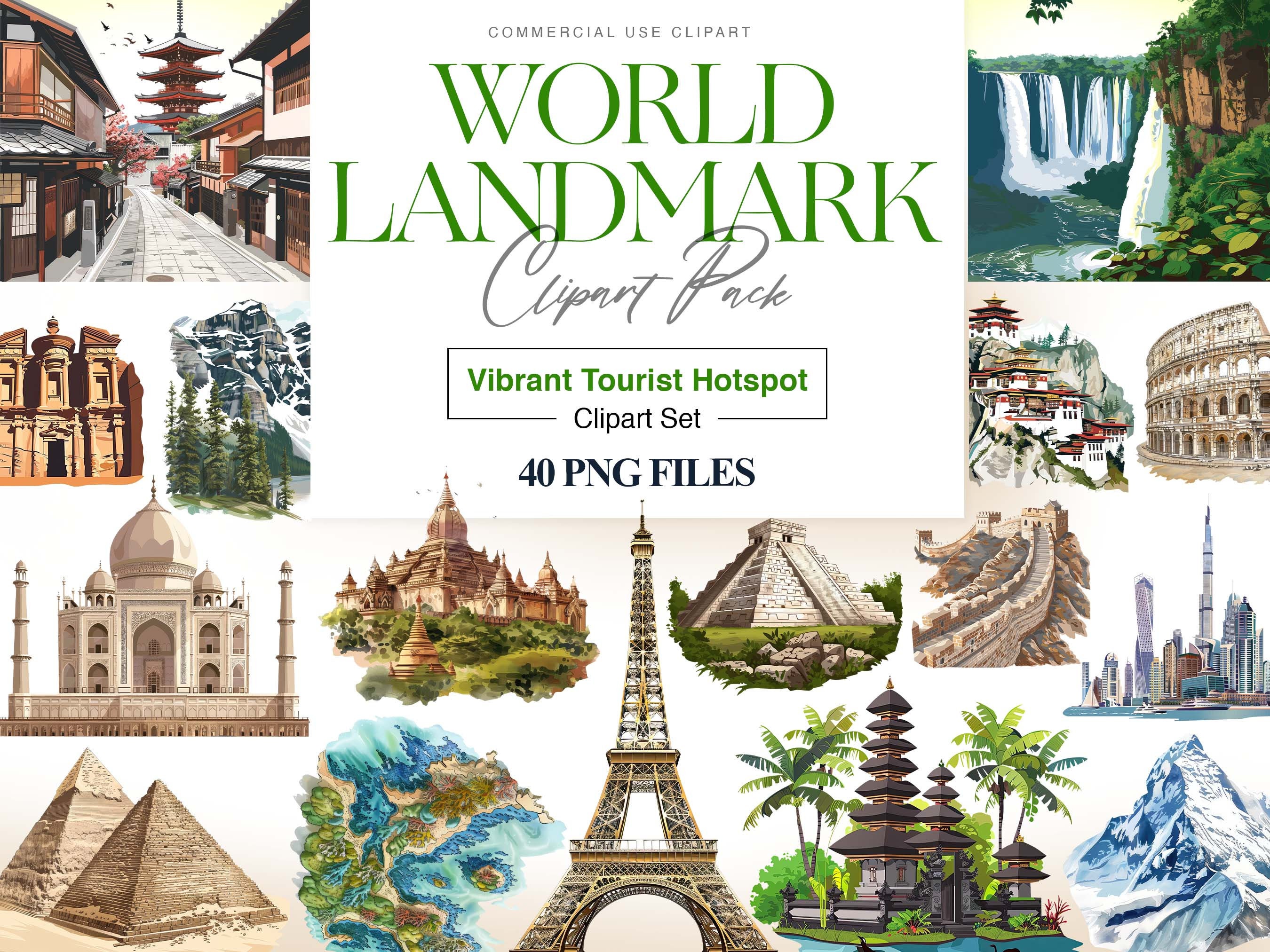 World Landmarks Clipart, Watercolor Landmarks PNG, Eiffel Tower, Mount ...