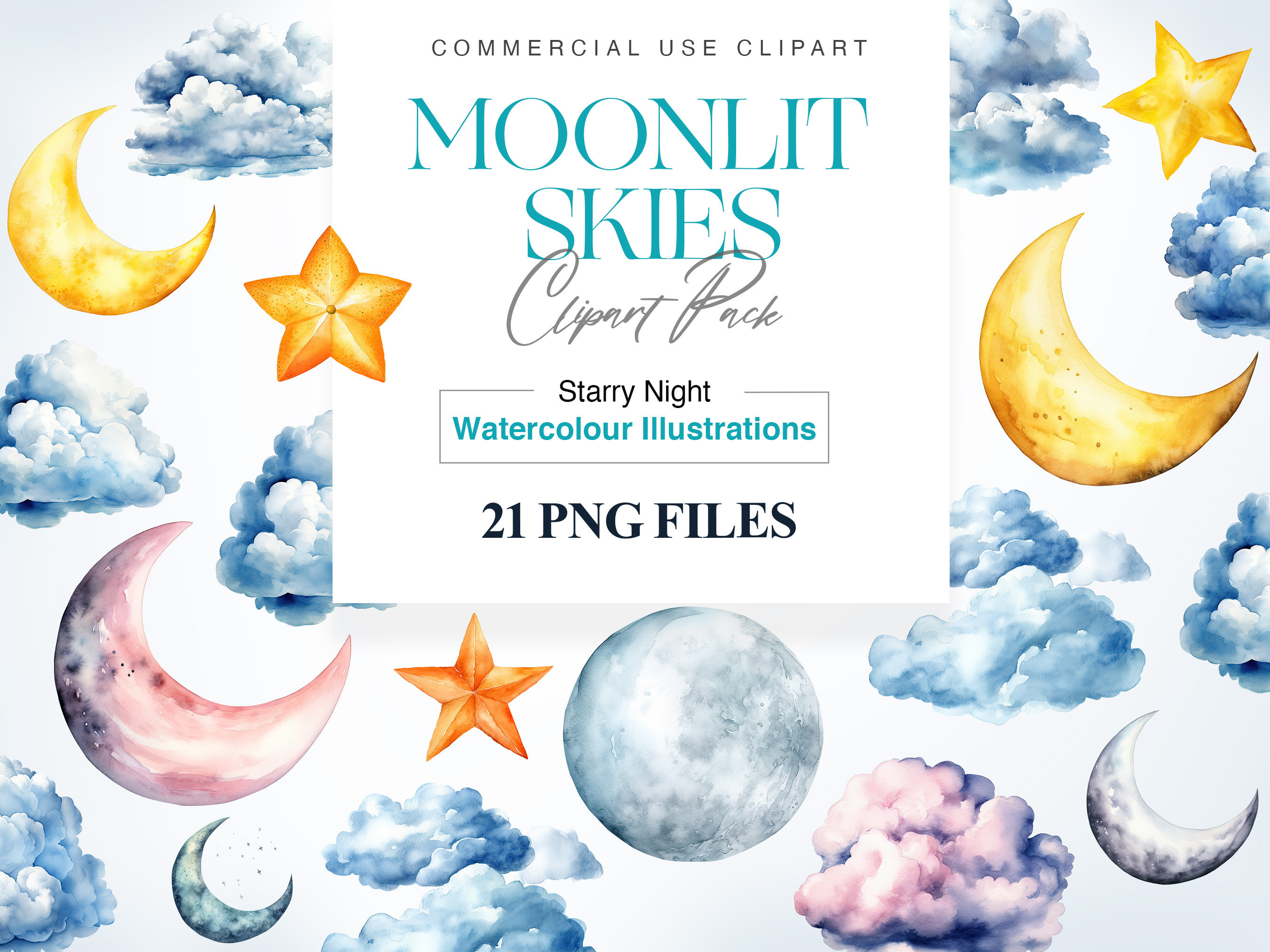 Moonlit Skies Clipart Pack: Watercolor Celestial Graphics for Crafts ...