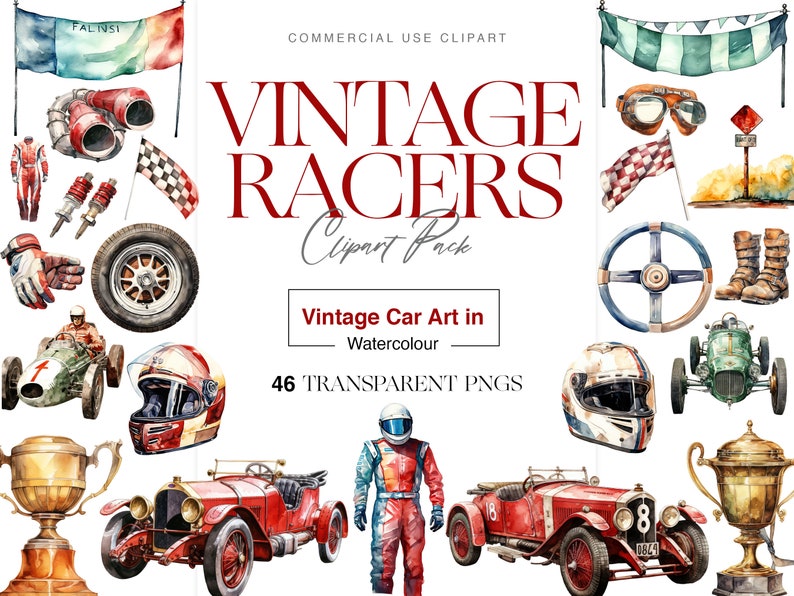 Vintage Racing Clipart, Racer, Racing Equipment's, Classic Car PNG, Red ...