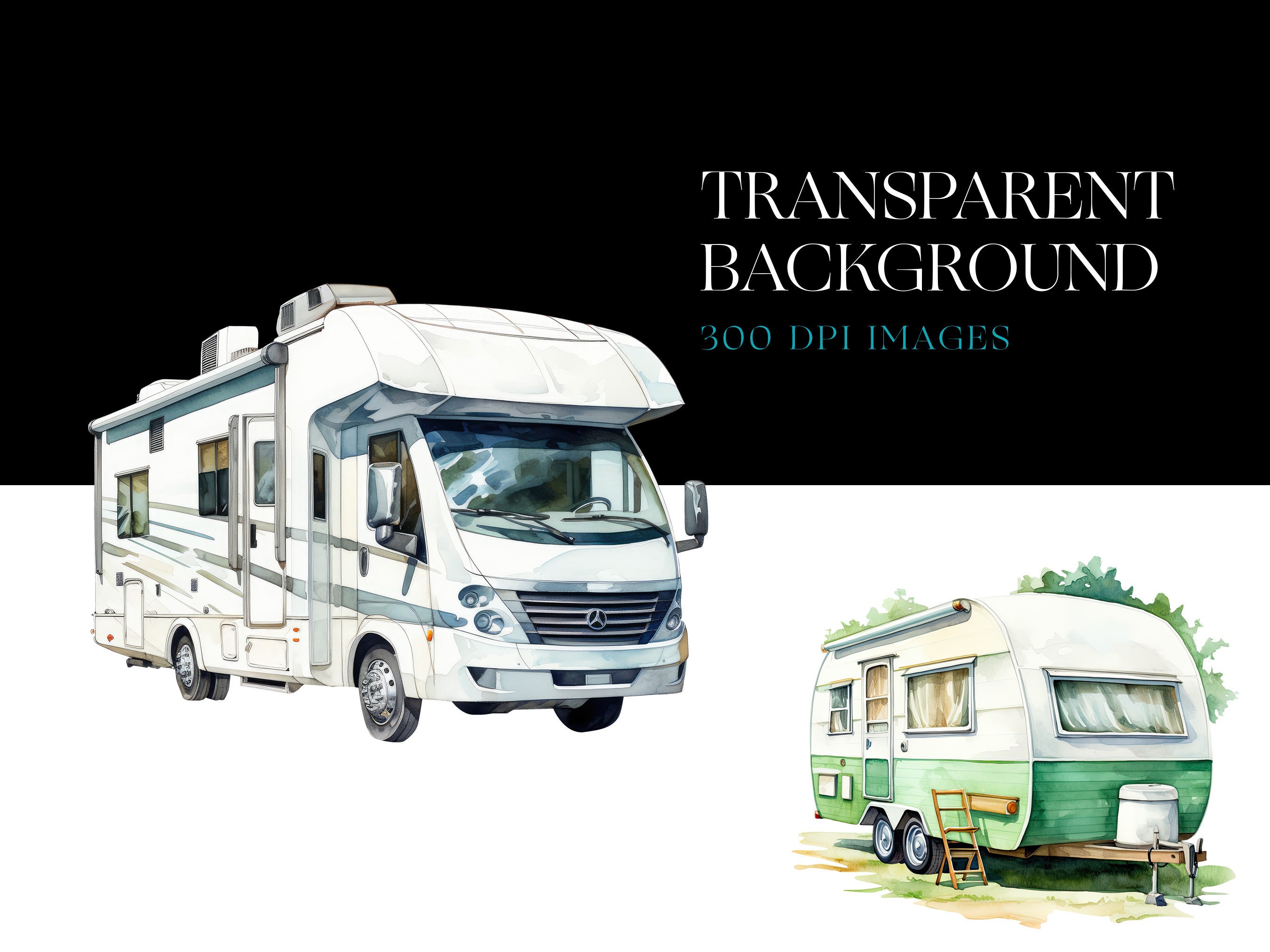 Watercolor Caravan Clipart, Camper Van, Vintage Vehicle, Camping ...