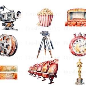Movie Clipart, Theatre, Popcorn, Camera PNG, Watercolor Film, Cinema ...