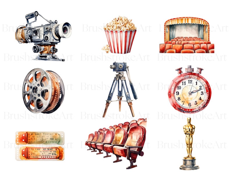Movie Clipart, Theatre, Popcorn, Camera PNG, Watercolor Film, Cinema ...