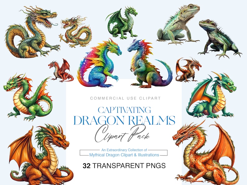Watercolor Dragon Clipart : Collection of Diverse Dragons PNG Graphics ...