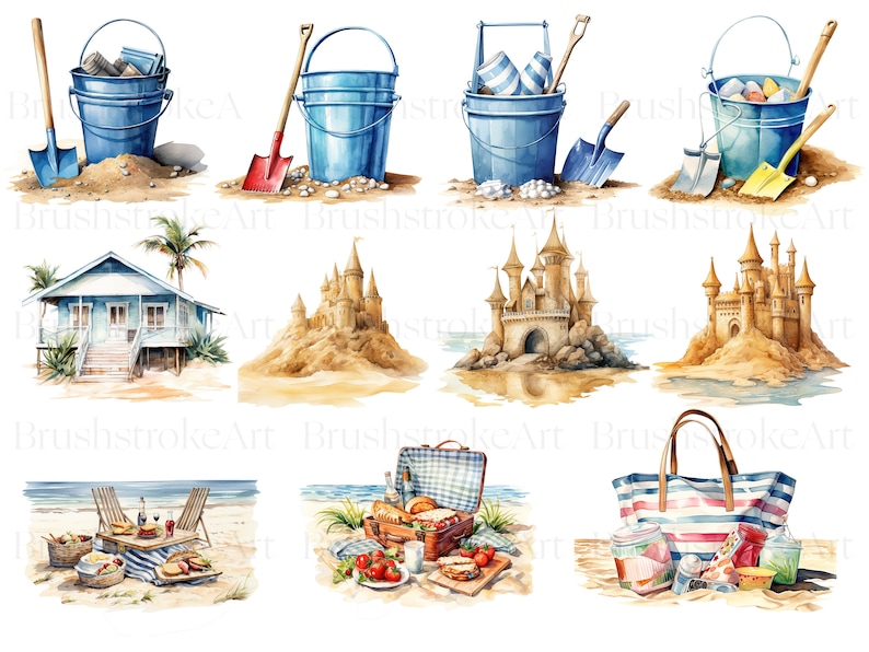 Watercolor Beach Clipart, Summer, Vacation, Beach House, Ocean Shore ...