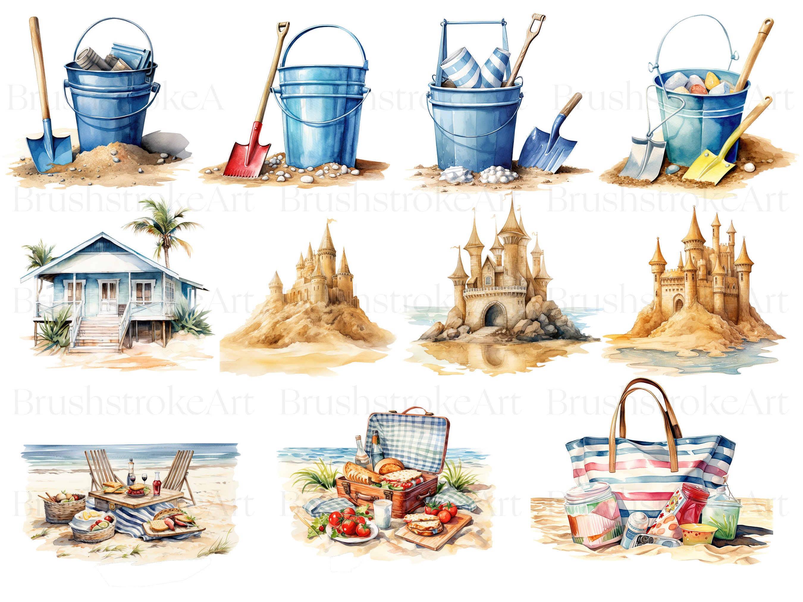 Watercolor Beach Clipart, Summer, Vacation, Beach House, Ocean Shore ...