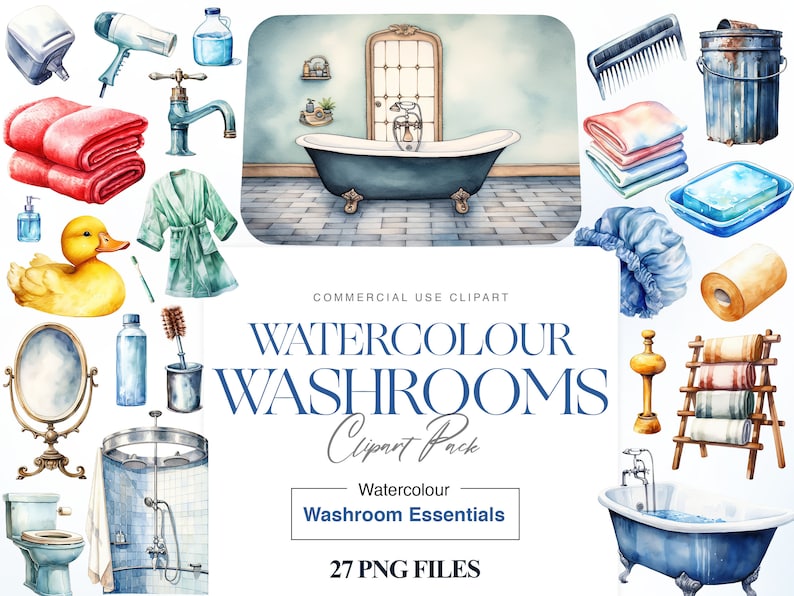 Bathroom Clipart, Watercolor Shower, Washroom, Bathroom Supplies ...