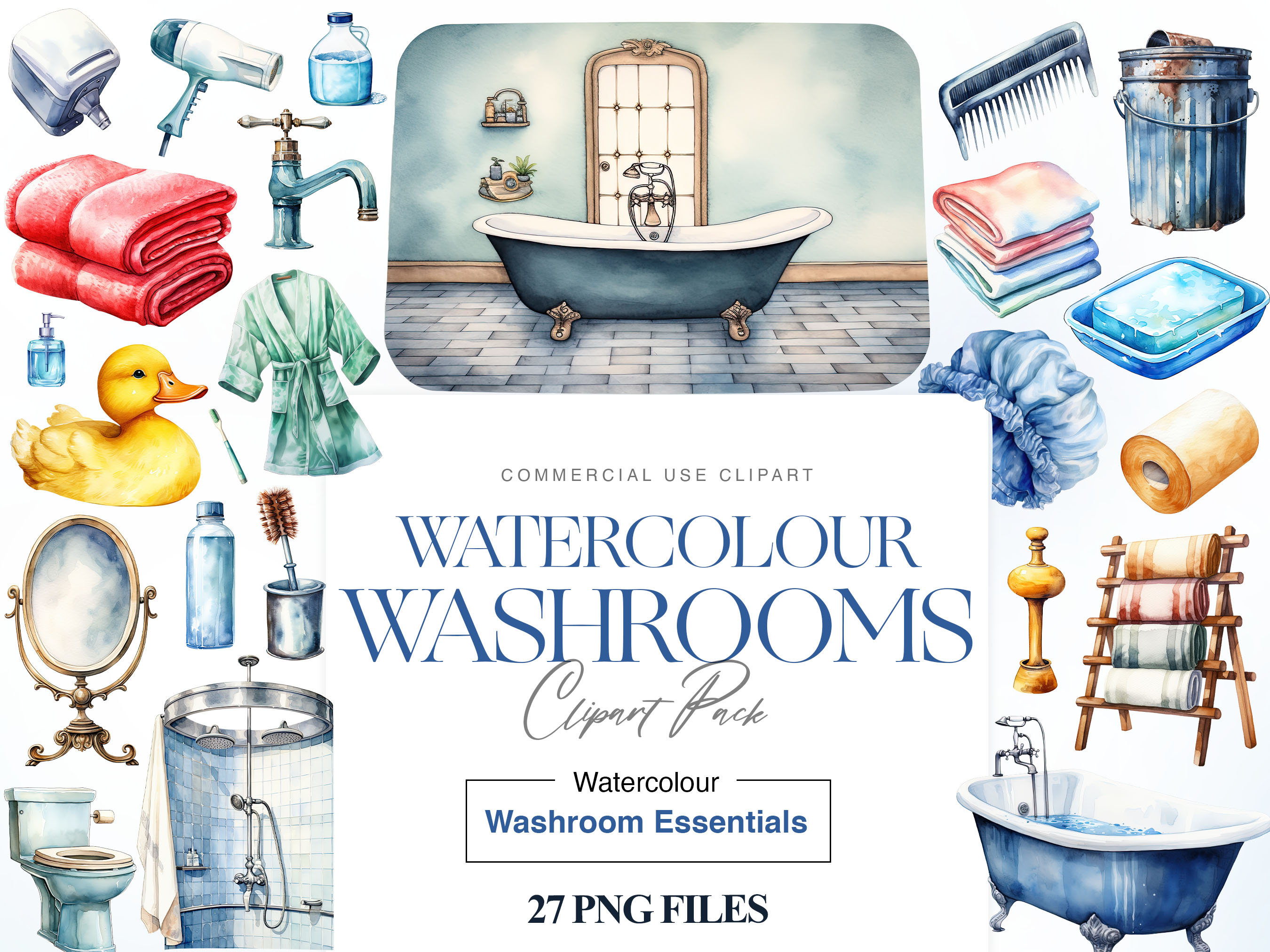 Bathroom Clipart, Watercolor Shower, Washroom, Bathroom Supplies ...