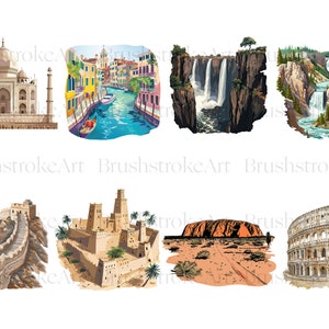 World Landmarks Clipart, Watercolor Landmarks PNG, Eiffel Tower, Mount ...