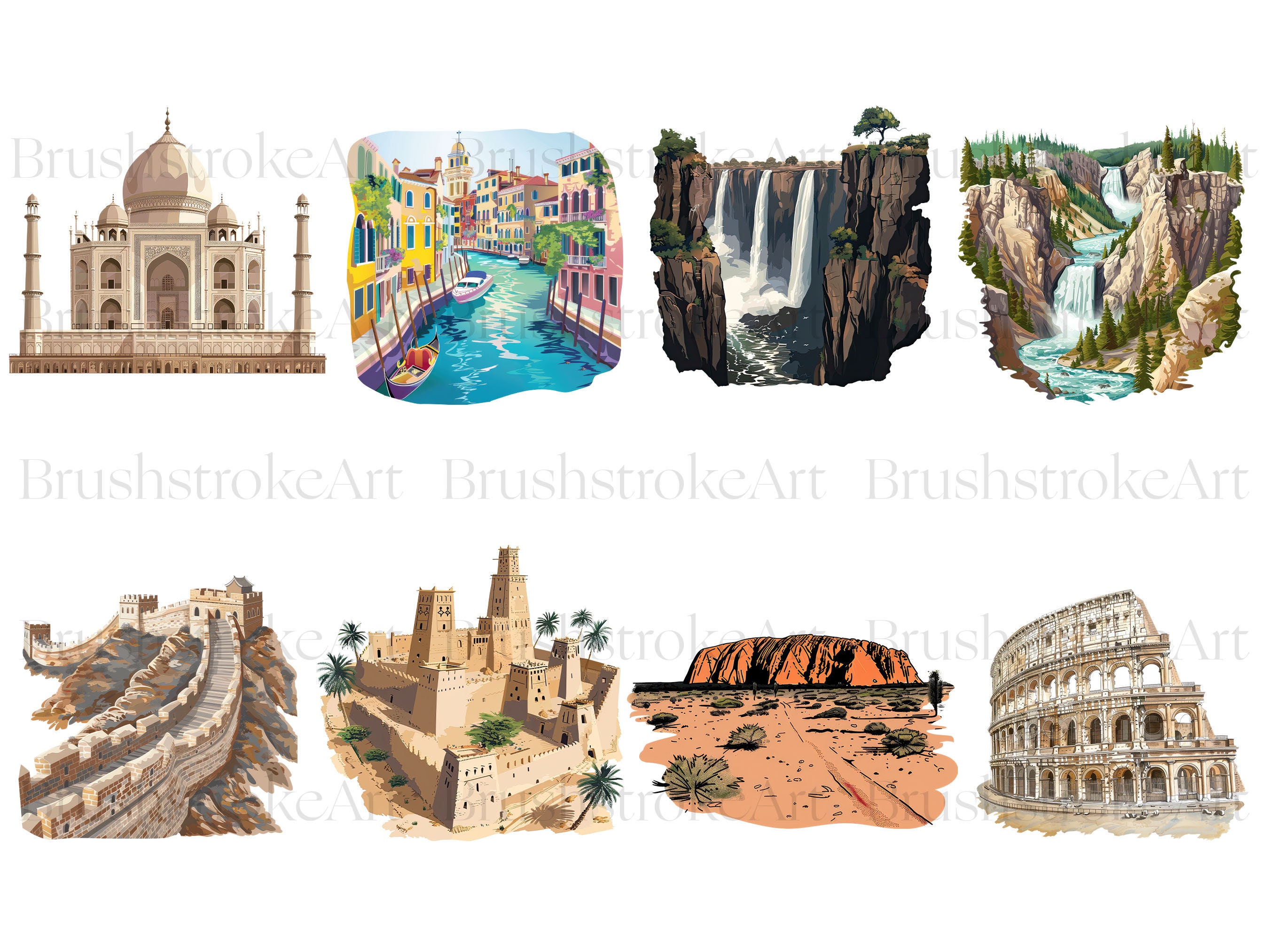 World Landmarks Clipart, Watercolor Landmarks PNG, Eiffel Tower, Mount ...