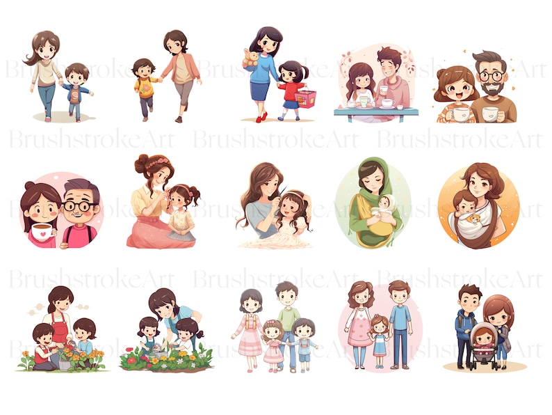 Kawaii Family Clipart, Mom Daughter Dad Son, Chibi Character, Happy ...