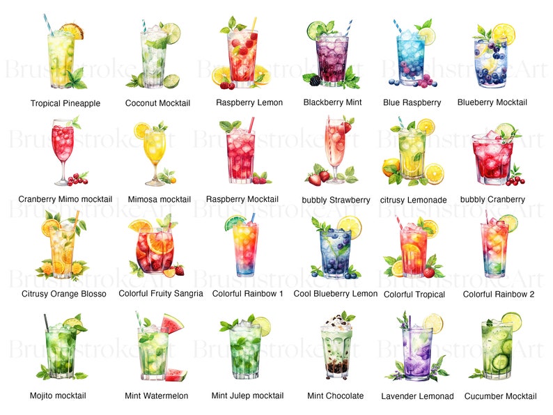Mocktail Moments Clipart Pack: 92 Watercolor Digital PNG, High ...