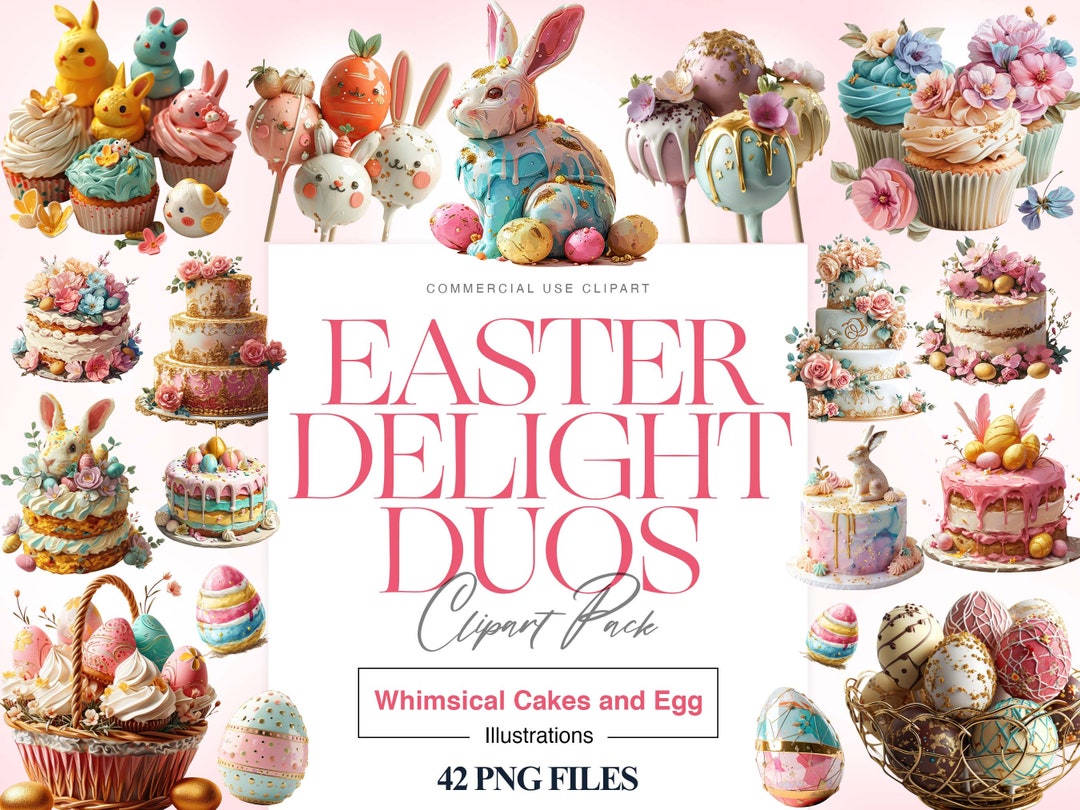 Watercolor Easter Cake Clipart, Easter Cupcakes, Easter Bunny, Chick ...
