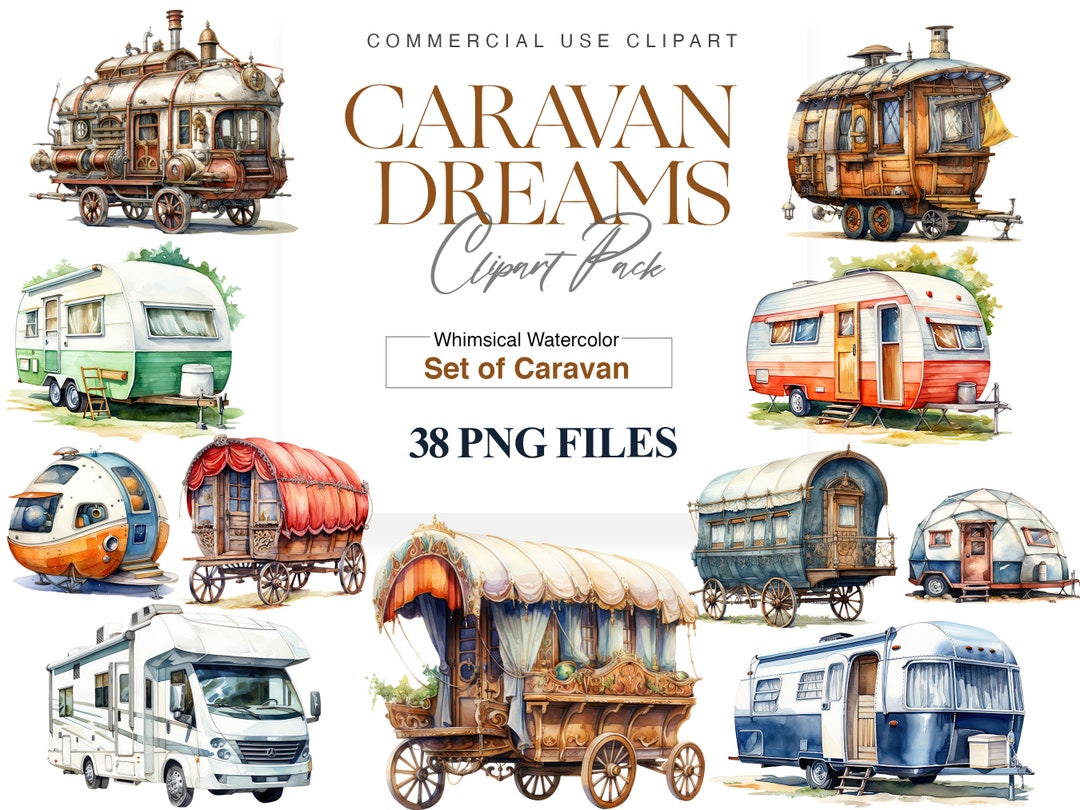 Watercolor Caravan Clipart, Camper Van, Vintage Vehicle, Camping ...