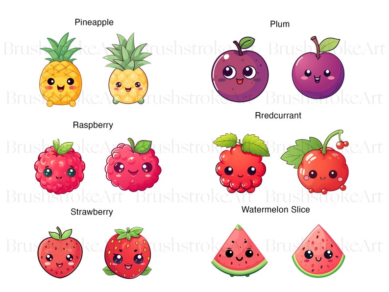 Cute Fruit Clipart, Happy Fruits, Pineapple Clipart, Red Apple, Smiling ...