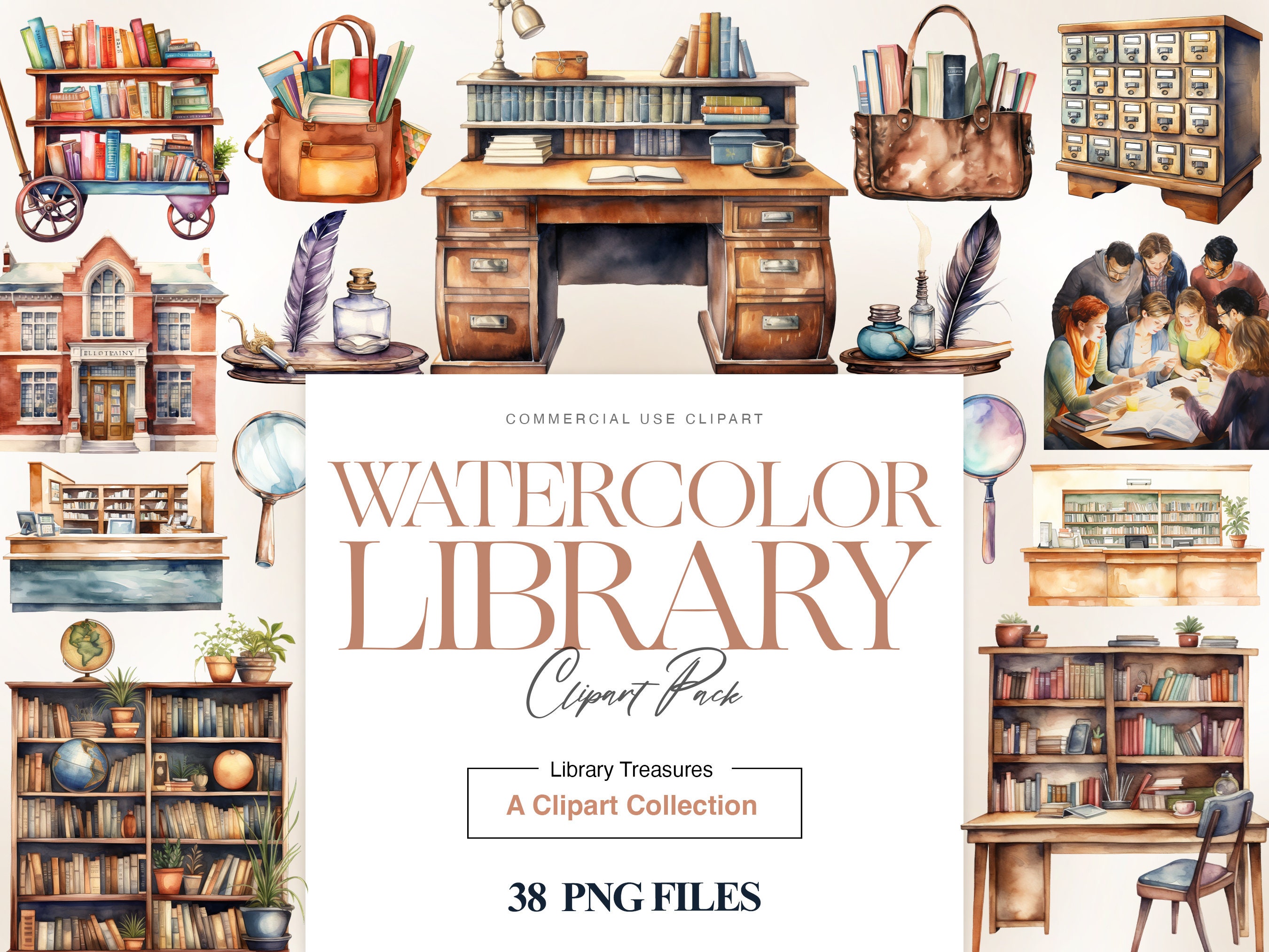 Watercolor Library Clipart, Library Books Clipart, Bookshelf, Library ...