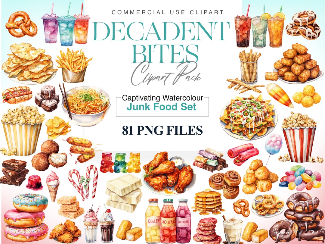 Junk Food Clipart, Watercolor Dessert, Donut, Pizza, Soda, Drinks ...