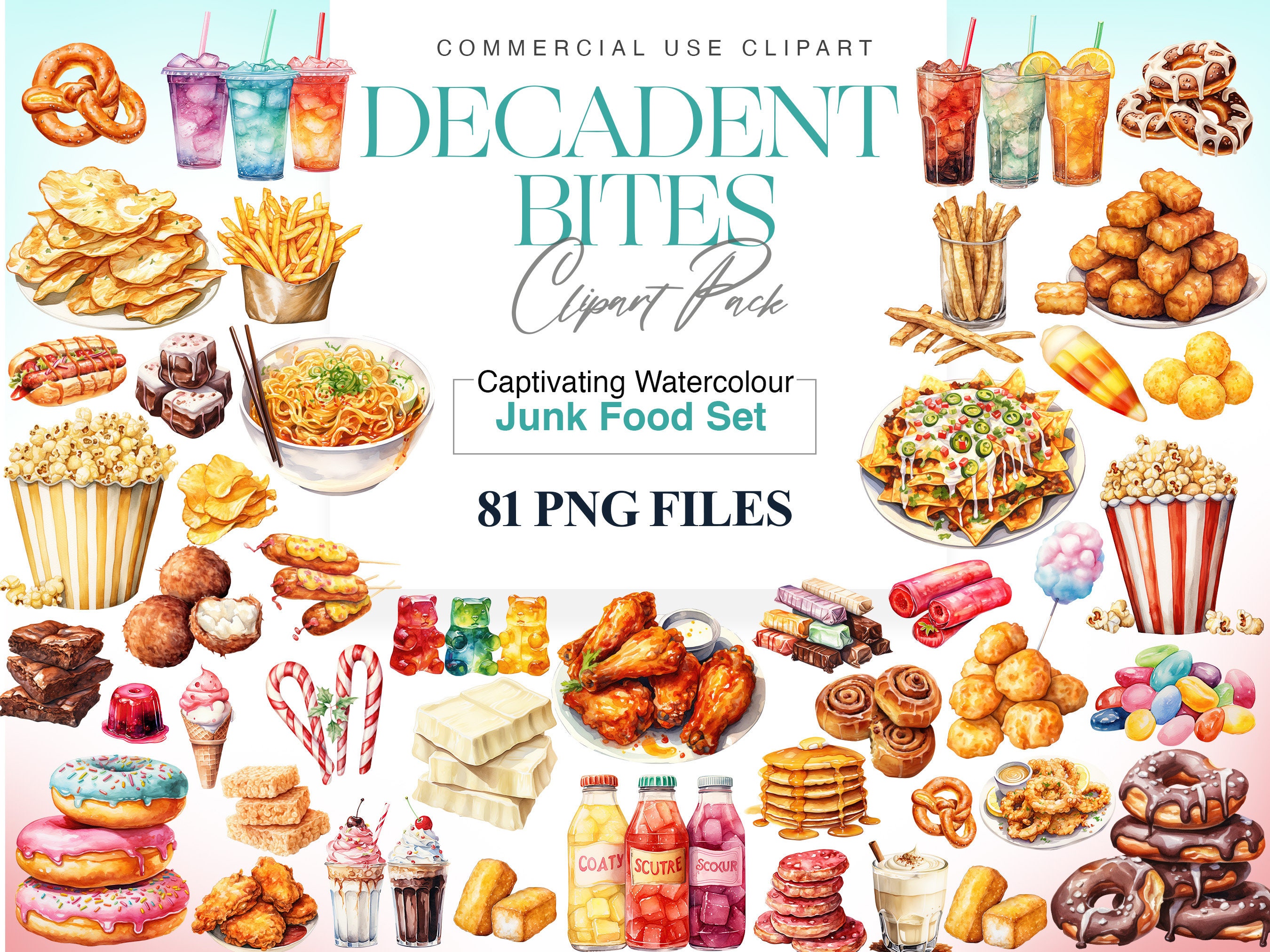 Junk Food Clipart, Watercolor Dessert, Donut, Pizza, Soda, Drinks ...