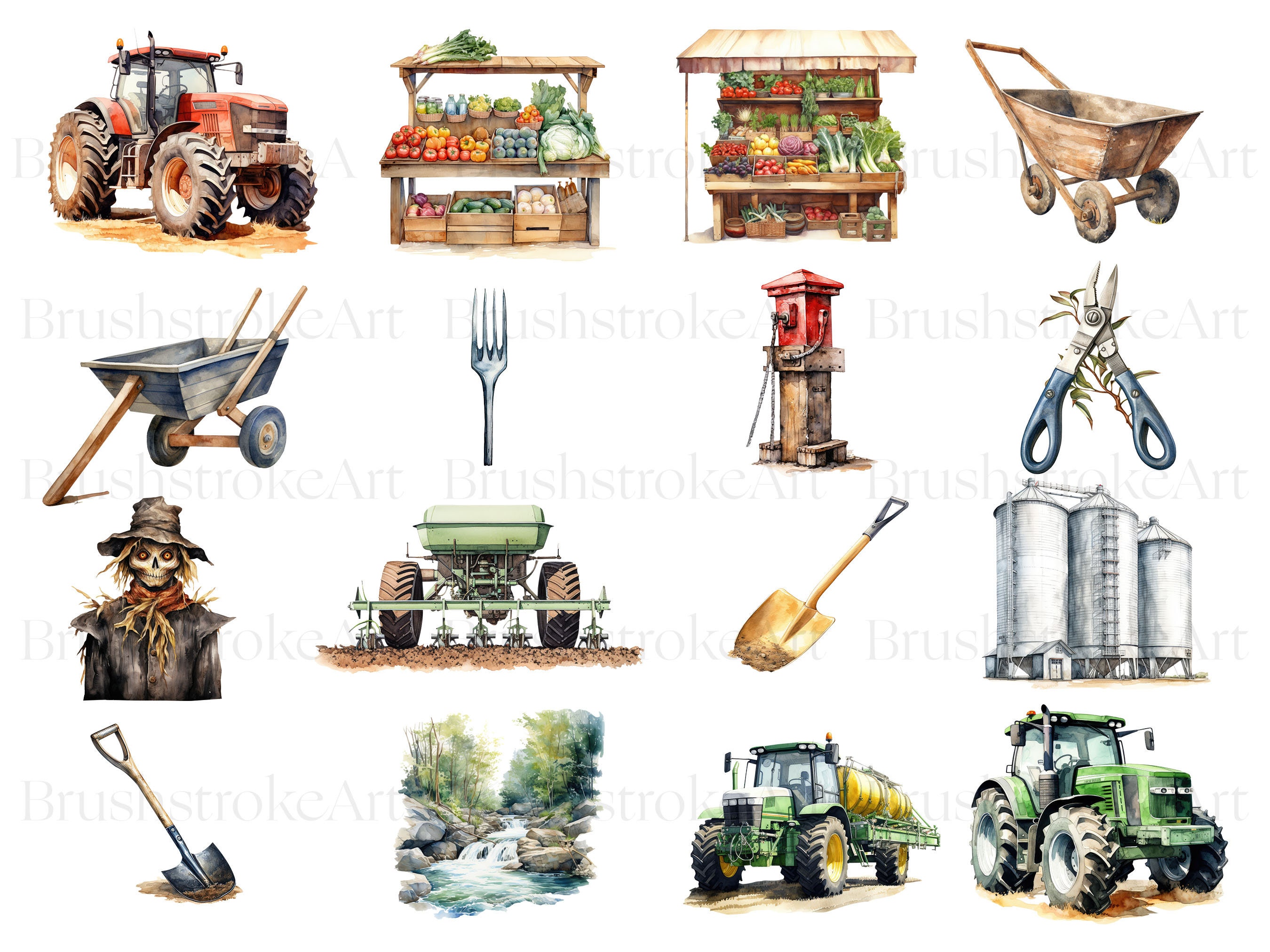 Rustic Farm Clipart, Farmhouse, Farmer, Scarecrow, Tractor, Hay Bale ...