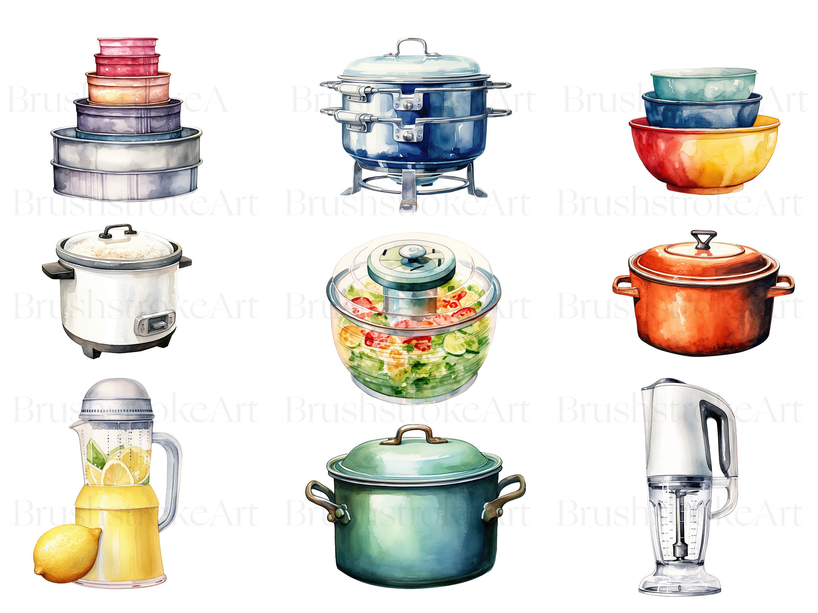 Watercolor Kitchen Clipart, Kitchen Utensils, Tools, Pots, Baking ...