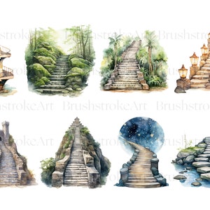 Watercolor Stairs Clipart, Fantasy Stone Steps, Mossy, Garden, Floral ...