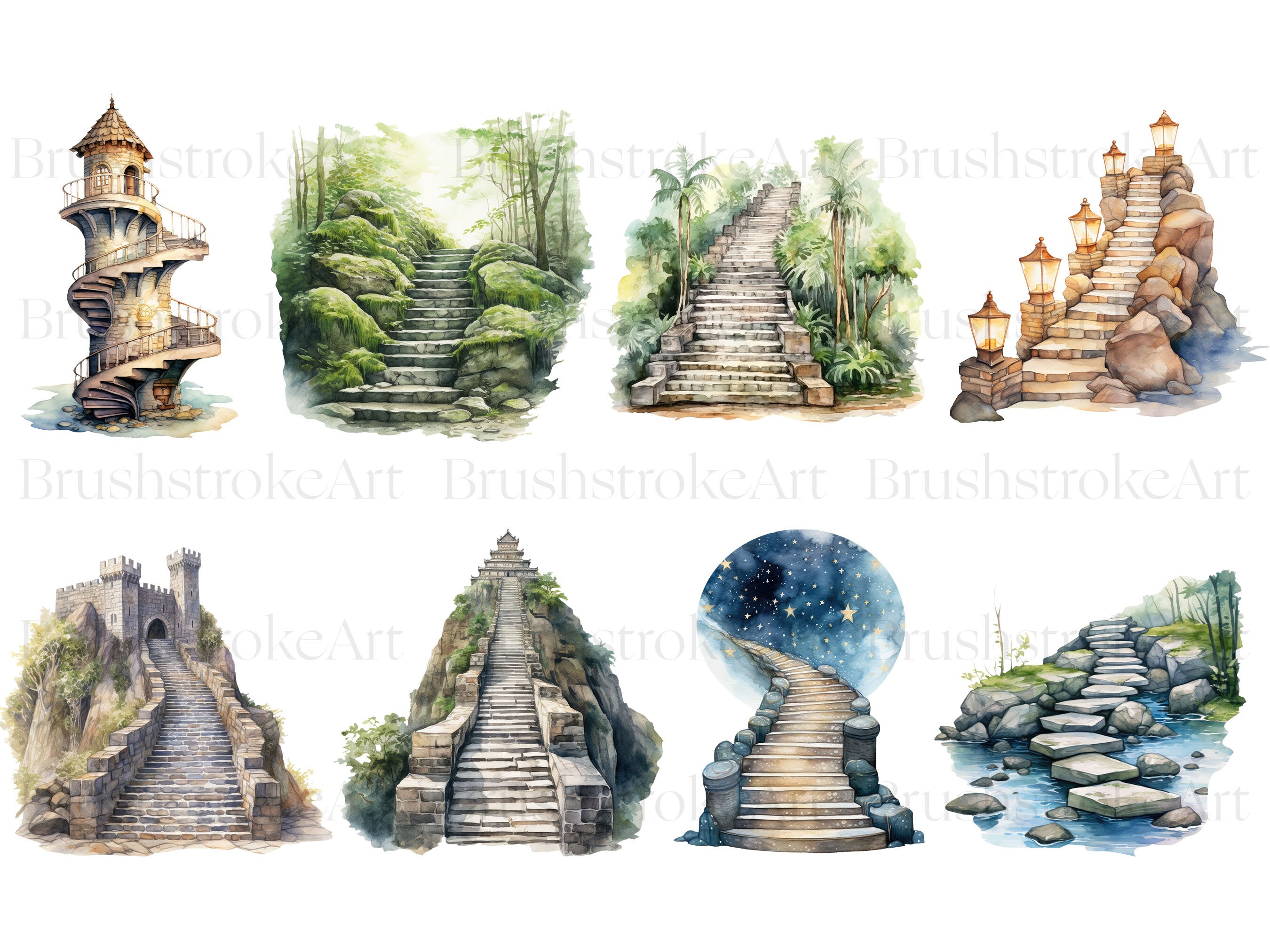 Watercolor Stairs Clipart, Fantasy Stone Steps, Mossy, Garden, Floral ...