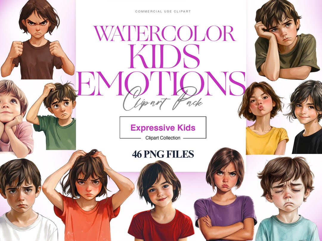 Kids Emotions Clipart, Feelings, Children PNG, Watercolor Smiling Kids ...