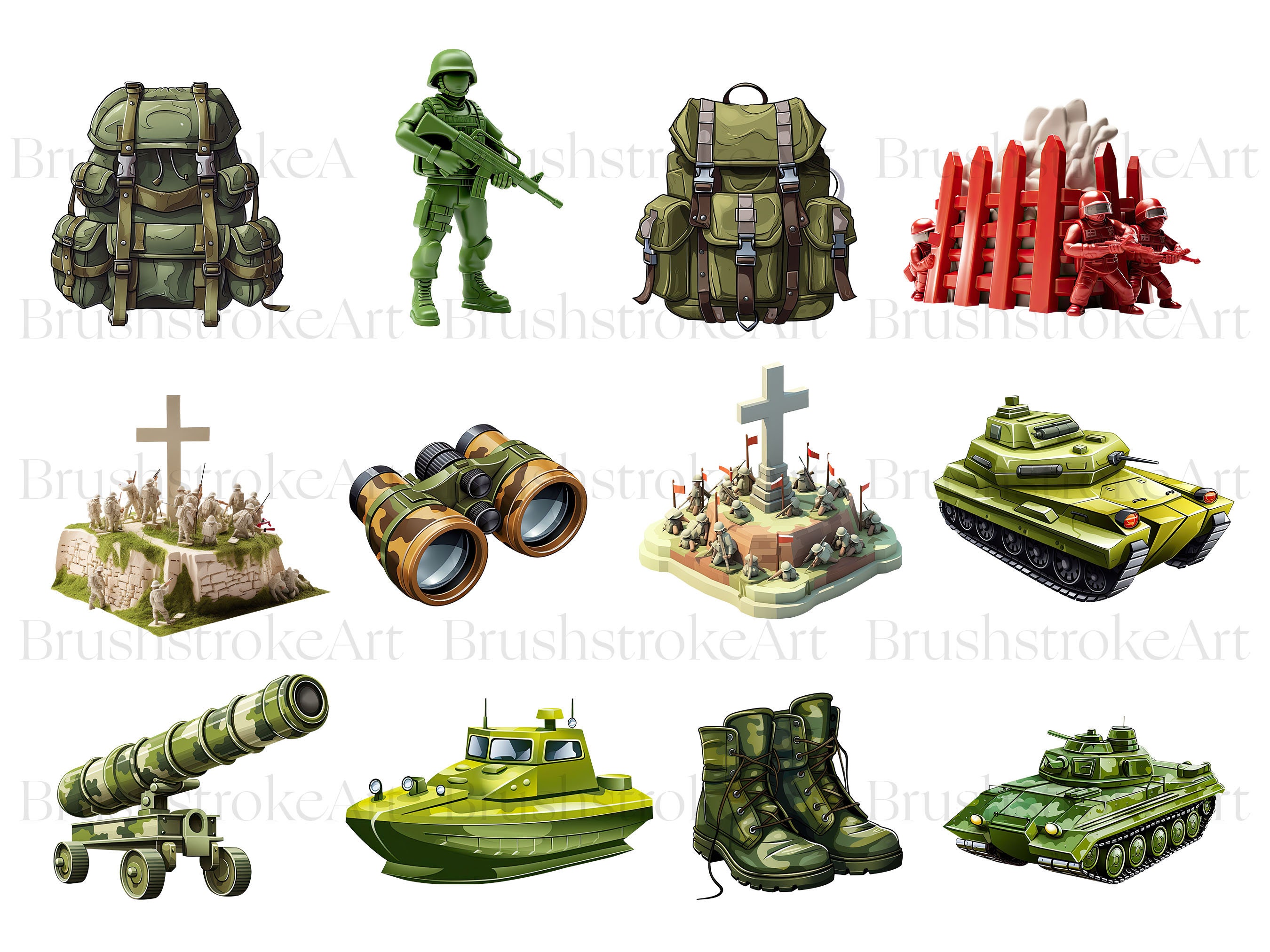 Watercolor Army Clipart, Fourth of July, Tank, Assault Rifle, Military ...