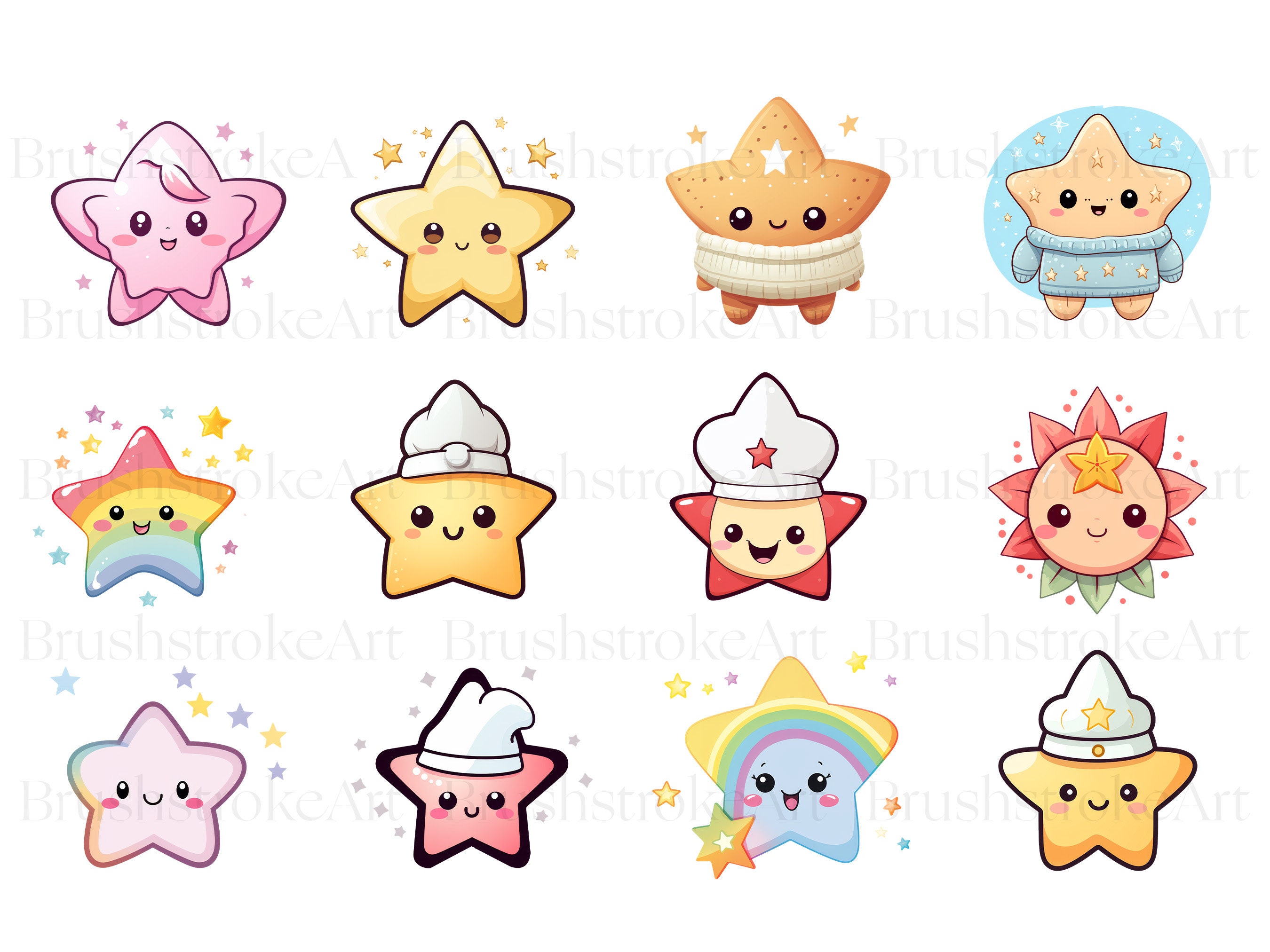 Kawaii Stars Clipart, Smiley Star, Kawaii Stickers, Baby Stars, Rainbow ...