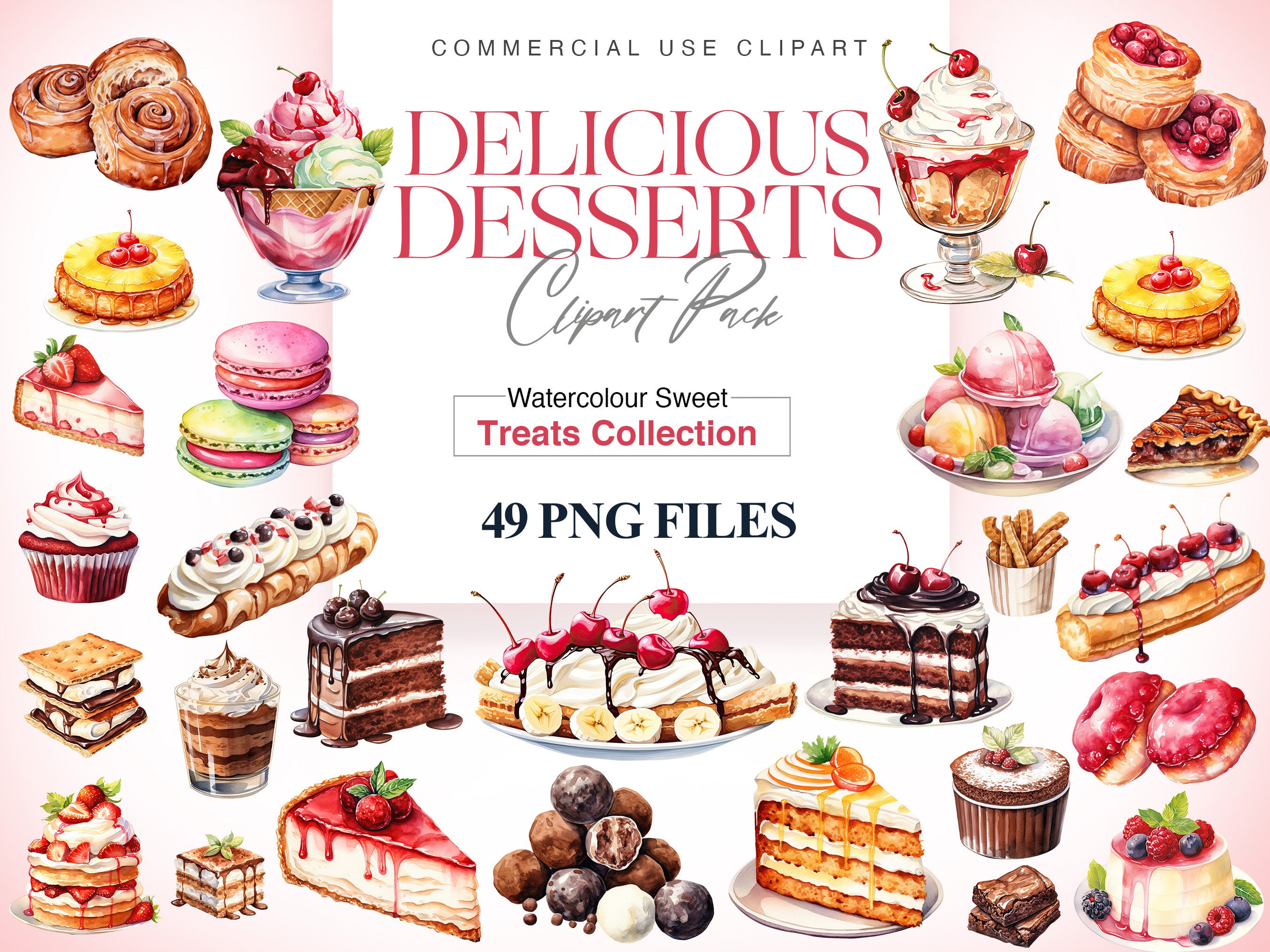 Watercolor Dessert Clipart, Cake, Pie, Donut, Sweet Treats, Food Lover ...