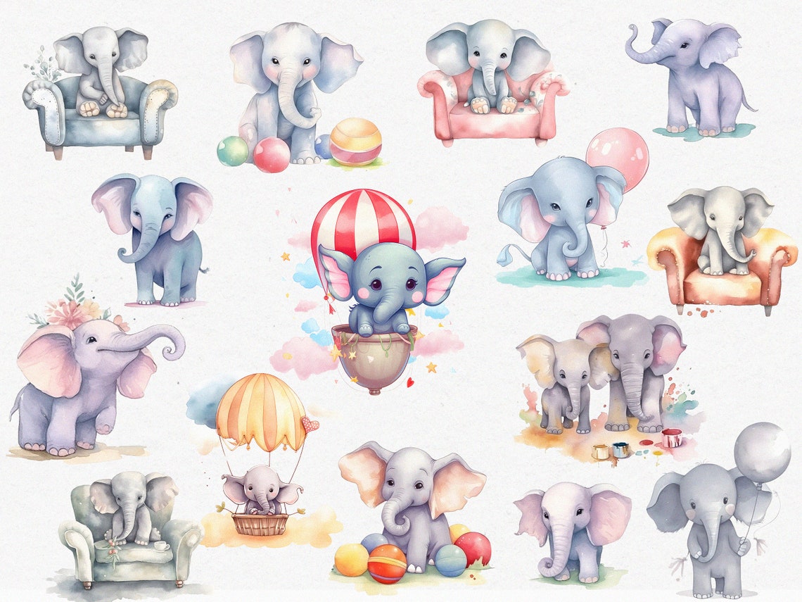 47 Cute Baby Elephant Clipart Watercolor, Clipart for Commercial Use ...