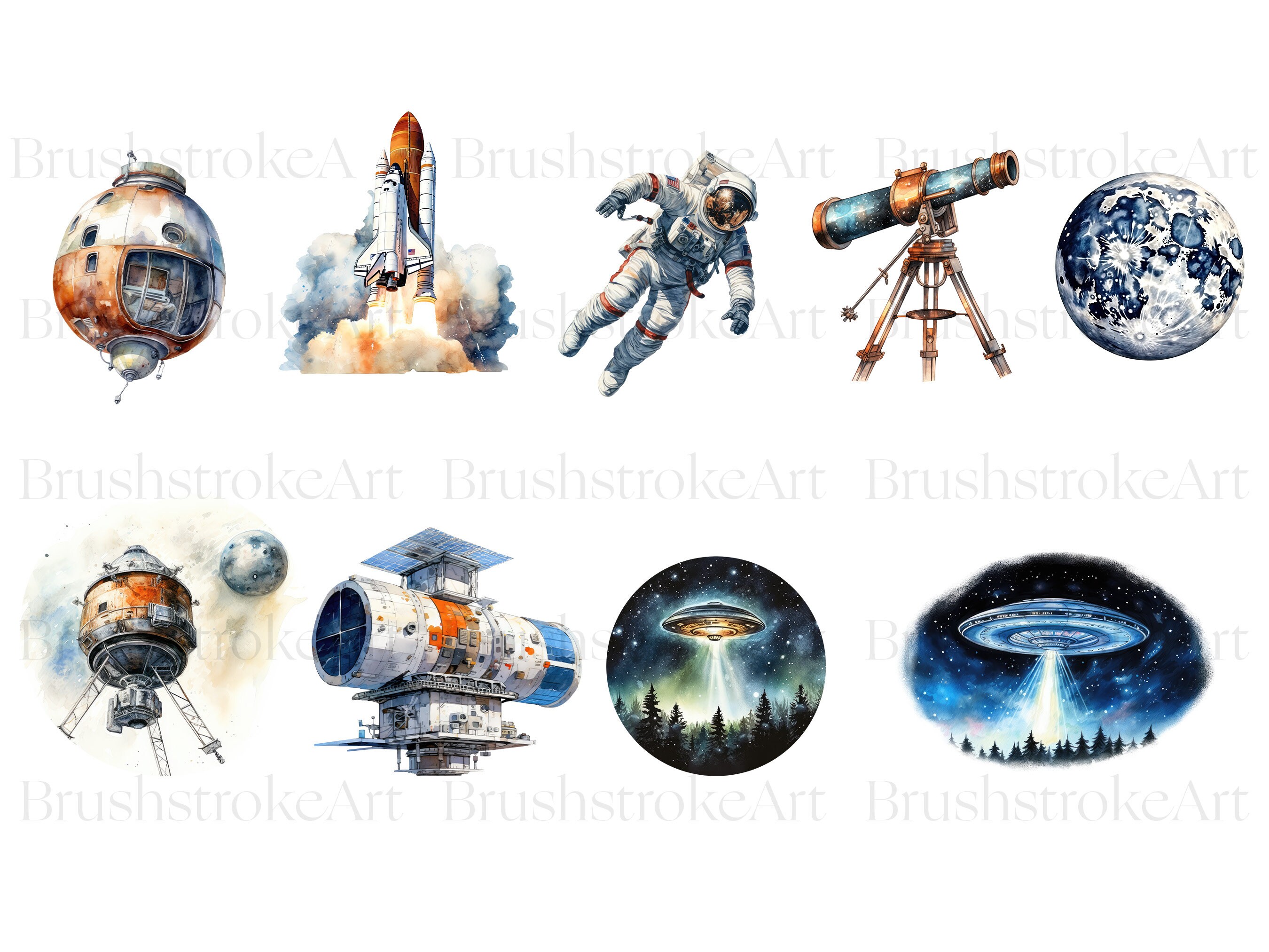 Watercolor Space Clipart, Astronaut, Planet, Alien, Moon Clipart, Space ...