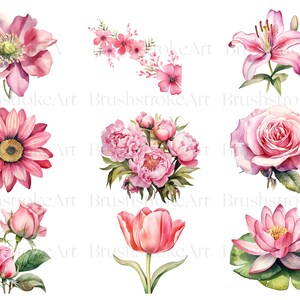 Pink Flower Clipart Pack: Watercolor Floral PNG Images for - Etsy