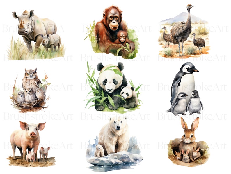 Watercolor Mom and Baby Animals Clipart, Mother's Day Animals, Baby ...