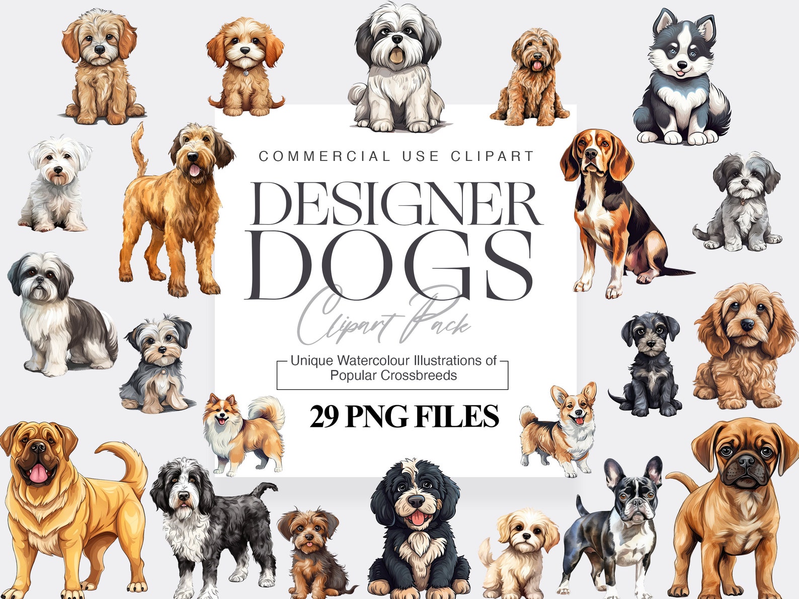 29 Watercolor Designer Dogs Clipart, Pomsky Dog, Bullador Dog Clipart ...