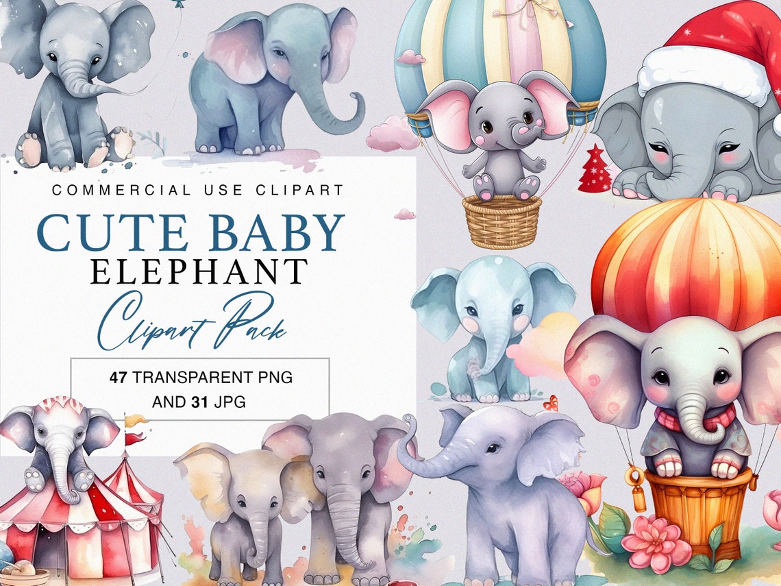 47 Cute Baby Elephant Clipart Watercolor, Clipart for Commercial Use ...