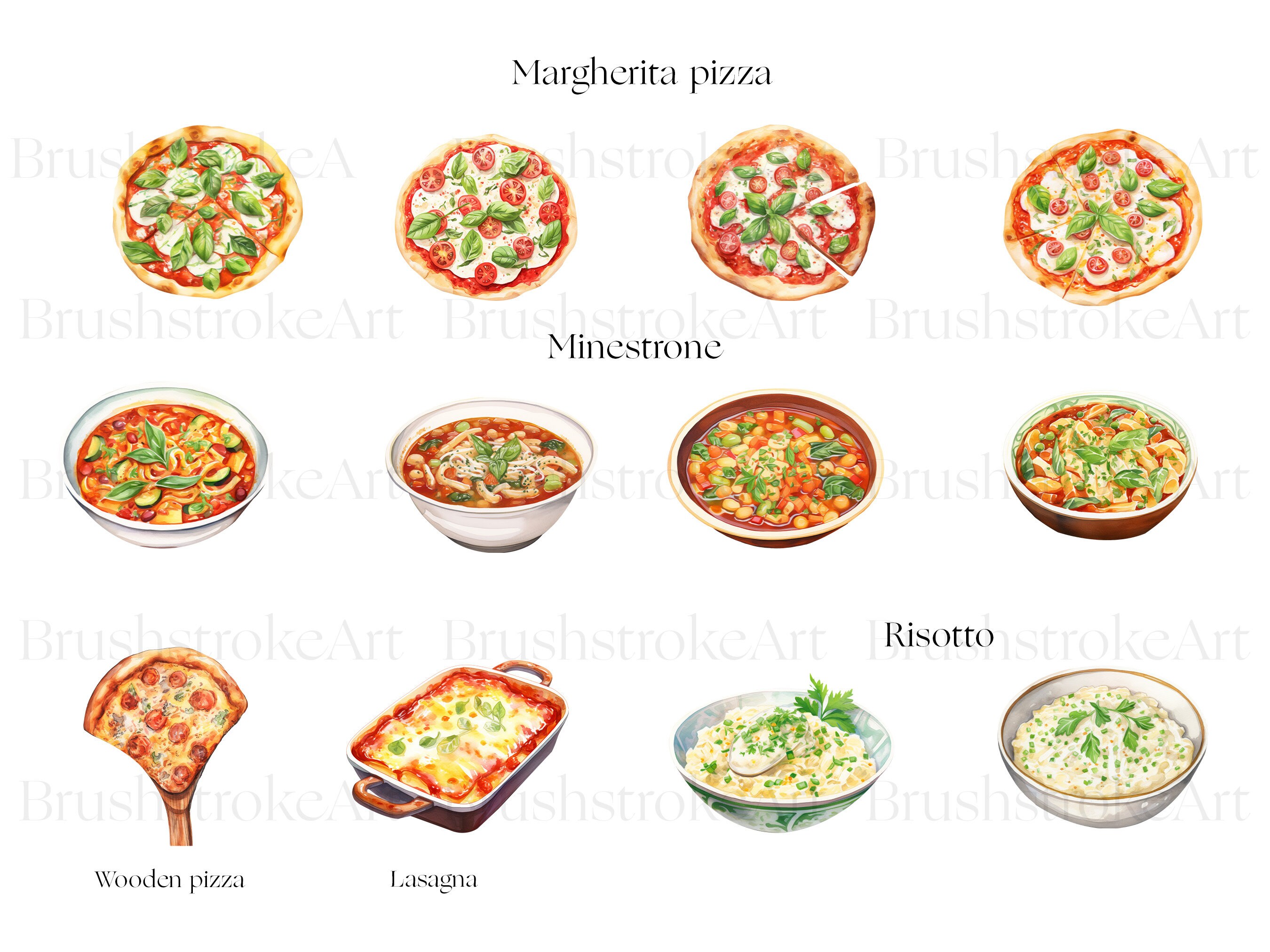 Watercolor Italian Food Clipart, Pizza PNG, Spaghetti Clipart, Italian ...