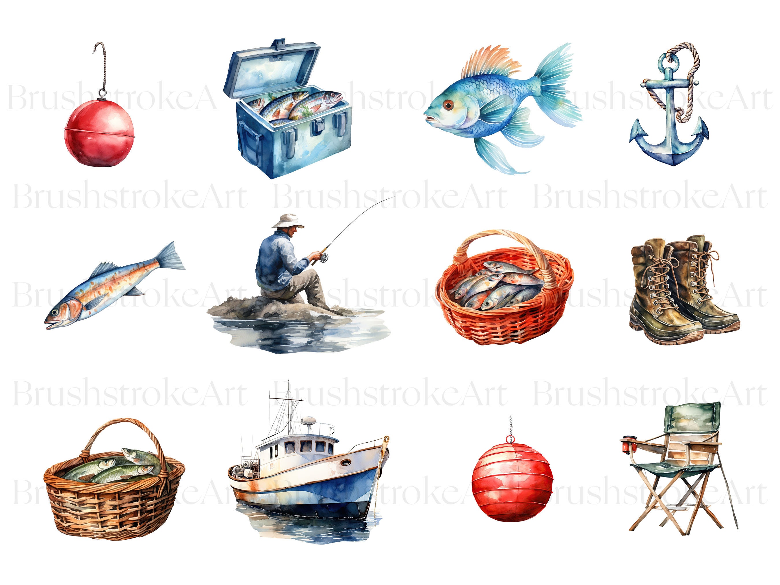 Watercolor Fishing Clipart, Fisherman, Can of Worms, Fishing Rods, Boat ...