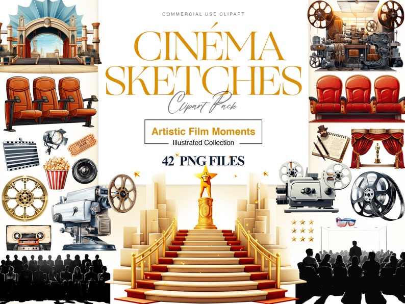 Watercolor Cinema Clipart, Theatre, Ticket, Popcorn, Camera PNG, Film ...